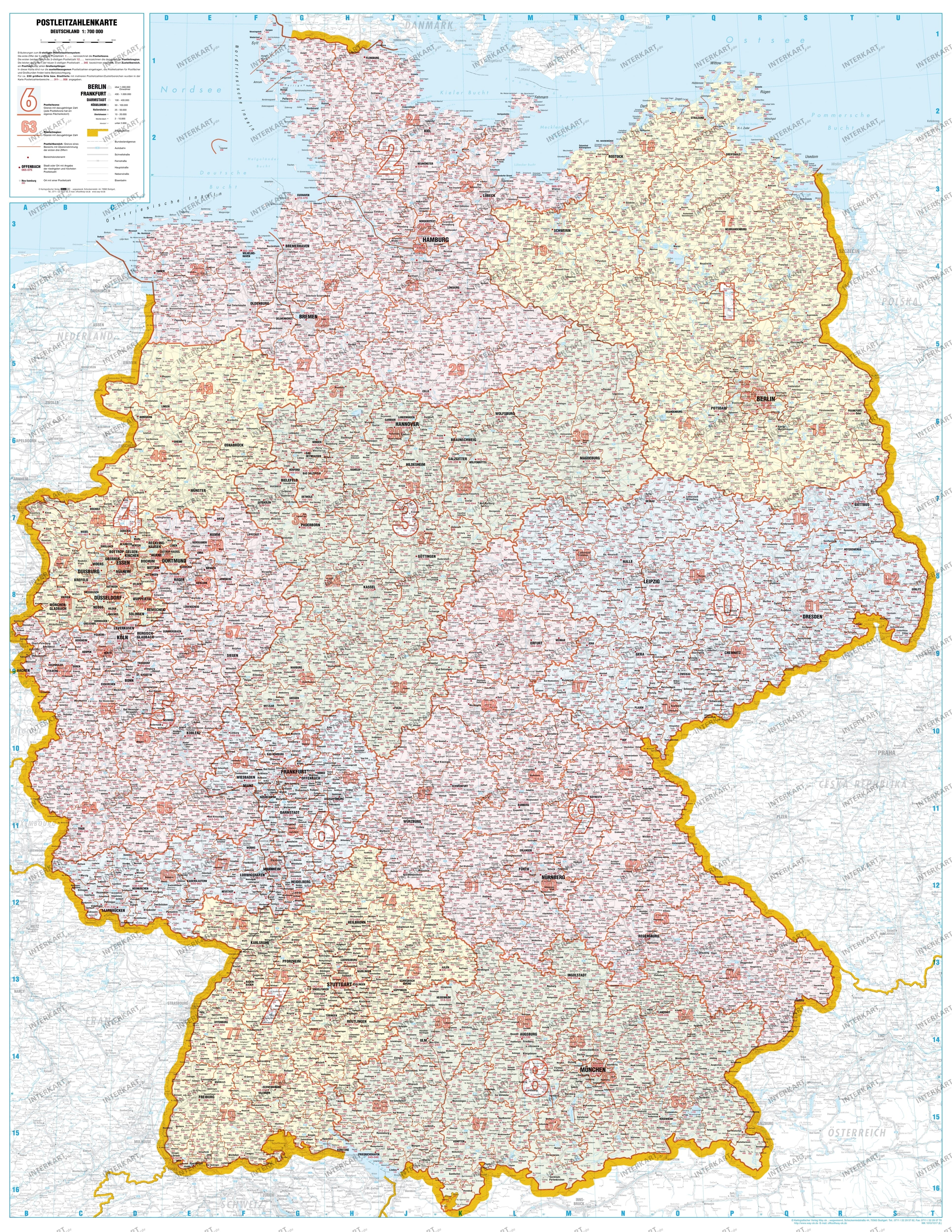 Postleitzahlenkarte Deutschland 98 x 128cm - Magnetwand gerahmt