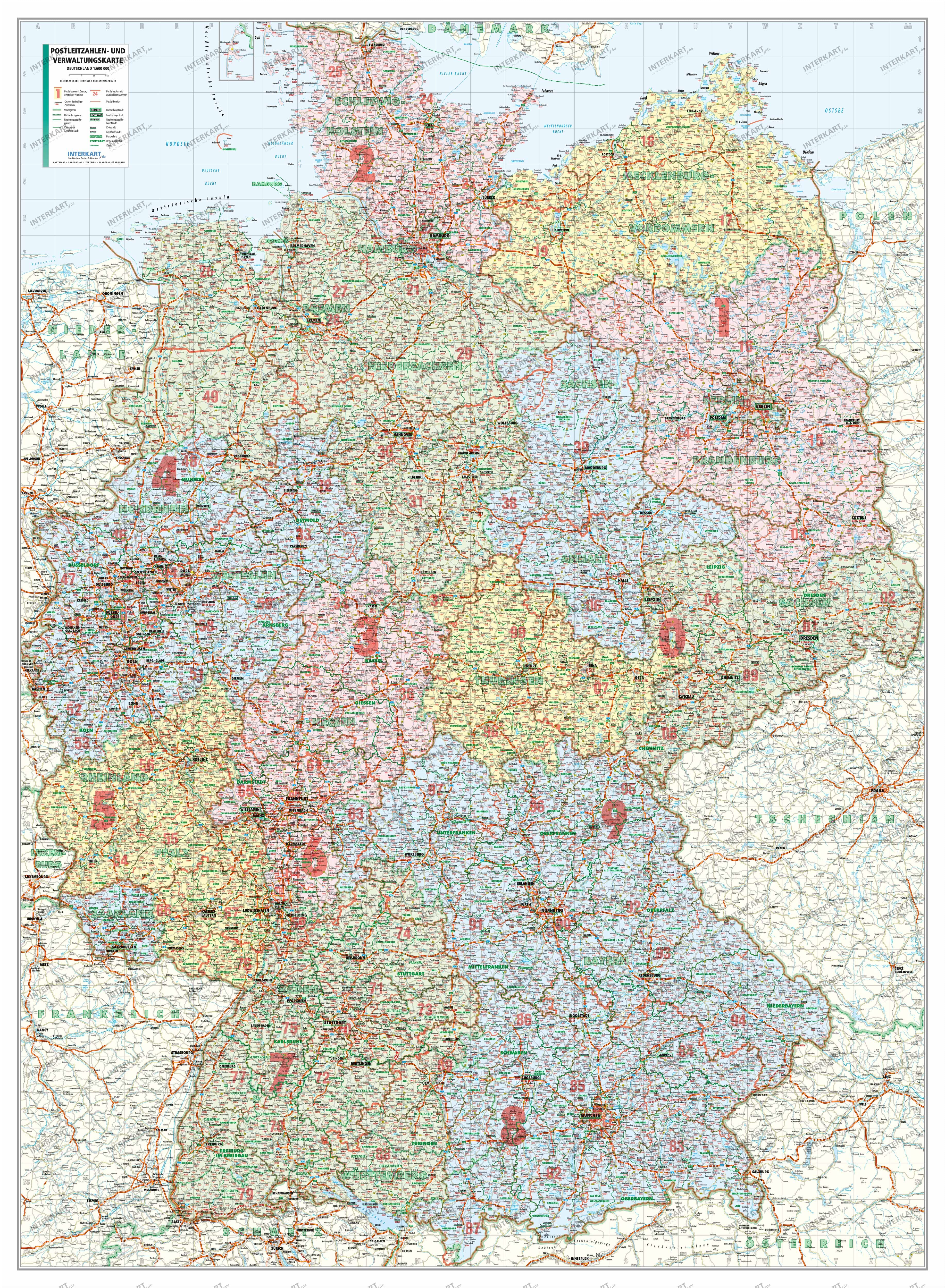 Germany zip code map with district borders