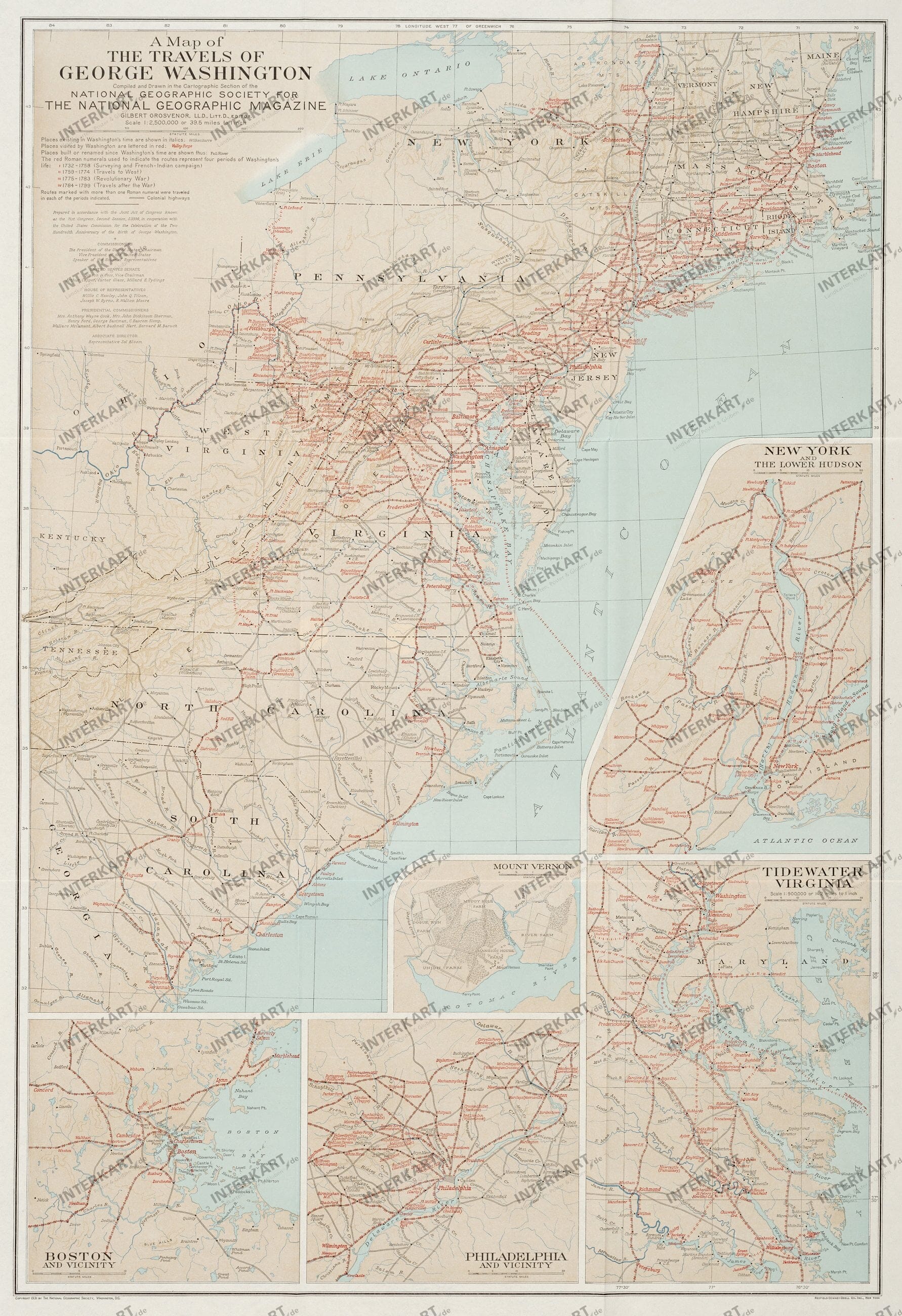 NGS 1932 Travels Of George Washington Map